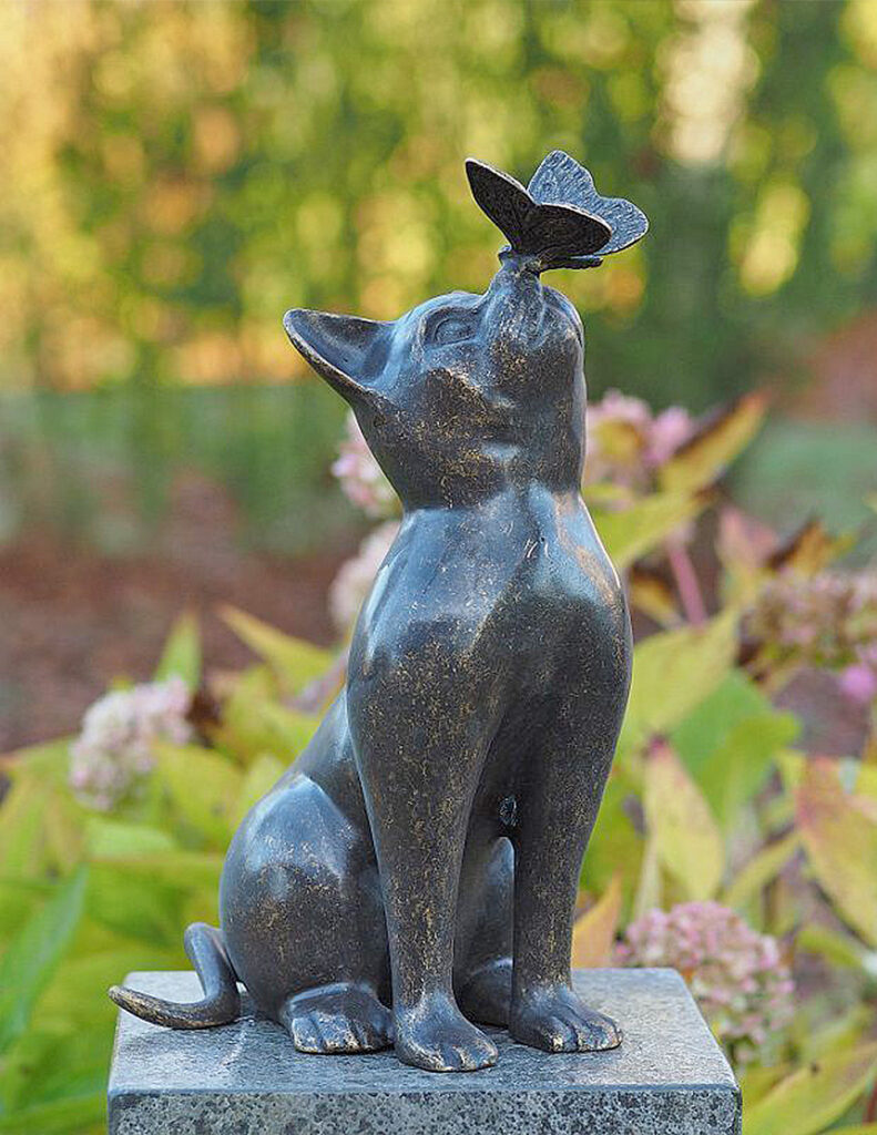 Bronze Cat Statue with Butterfly On Nose | Avant Garden Bronzes